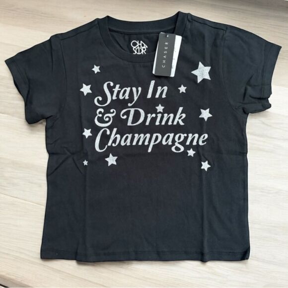 Chaser | Tops | Chaser Drink Champagne Graphicblack Tshirt Womens Short ...